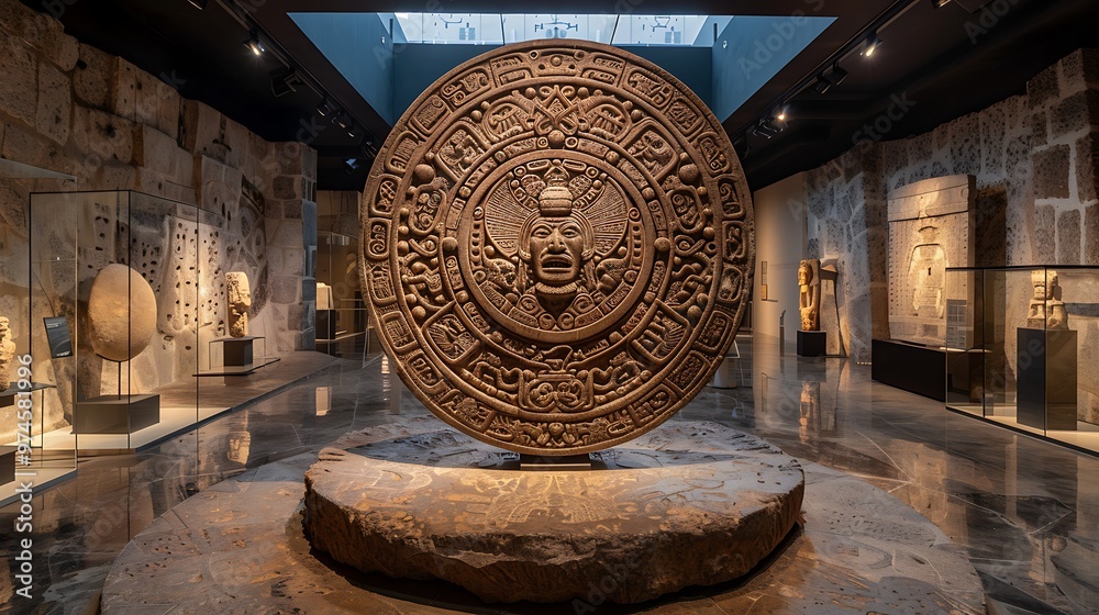 The Aztec sun stone calendar displayed in a museum, with its detailed ...