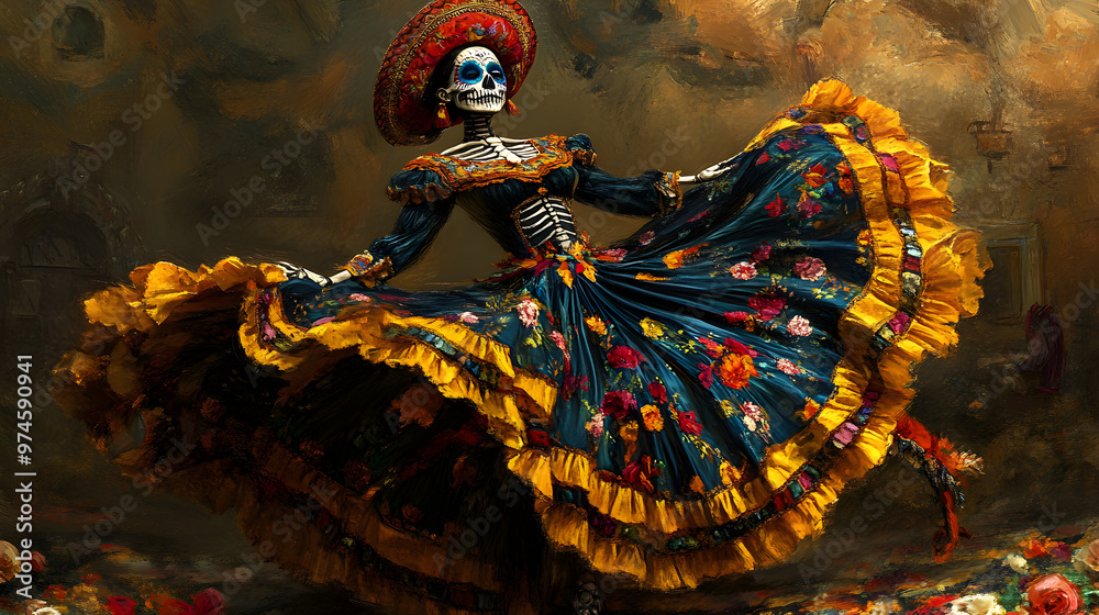 una catrina portando un vestido tipico mexicano bailando musica ...