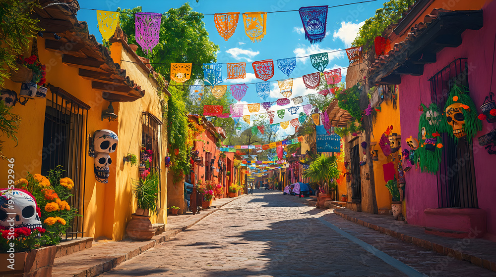 un tradicional pueblo con sus calles coloridas y tiras de papel picado ...