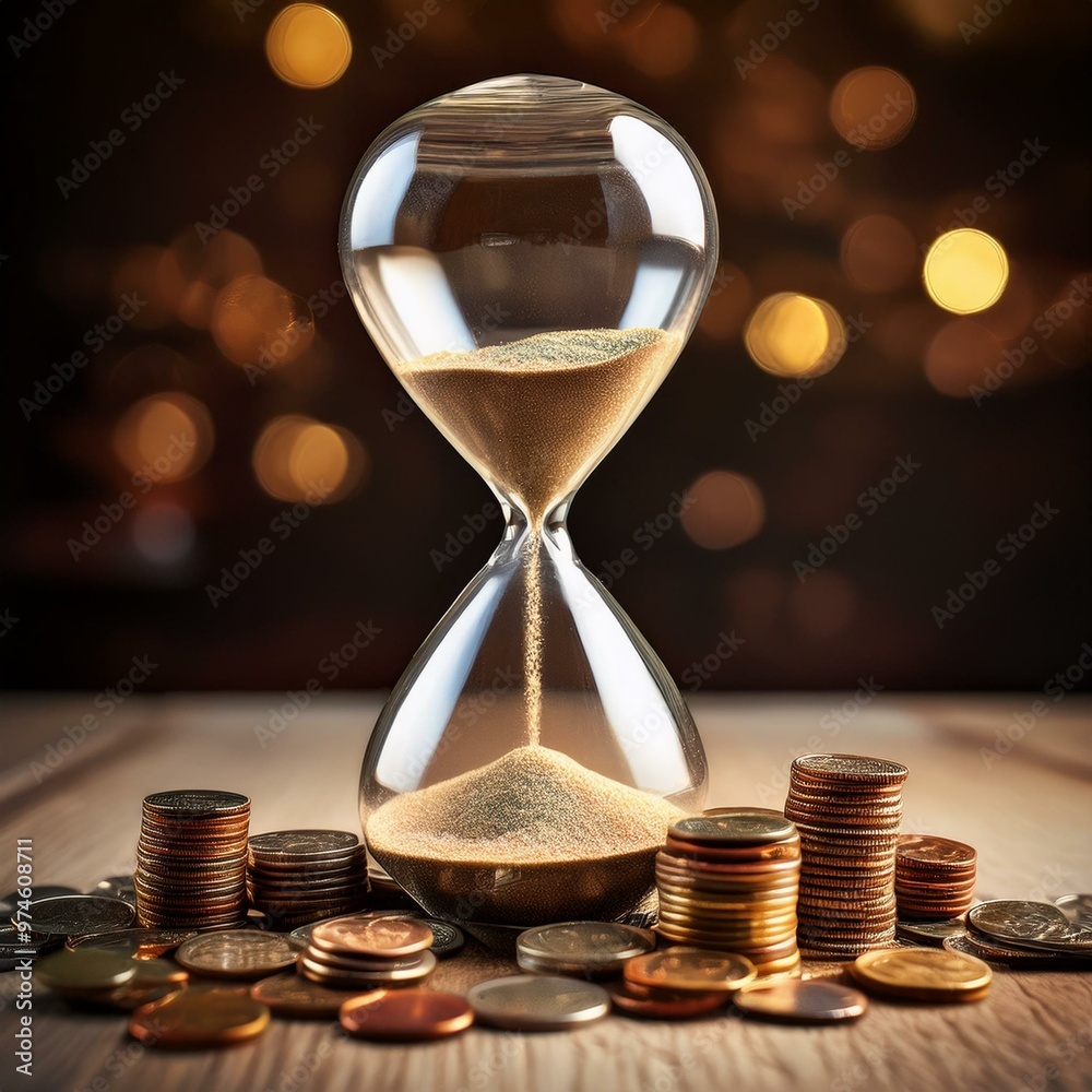 time is money concept, still life with hourglass and clock,Balancing ...