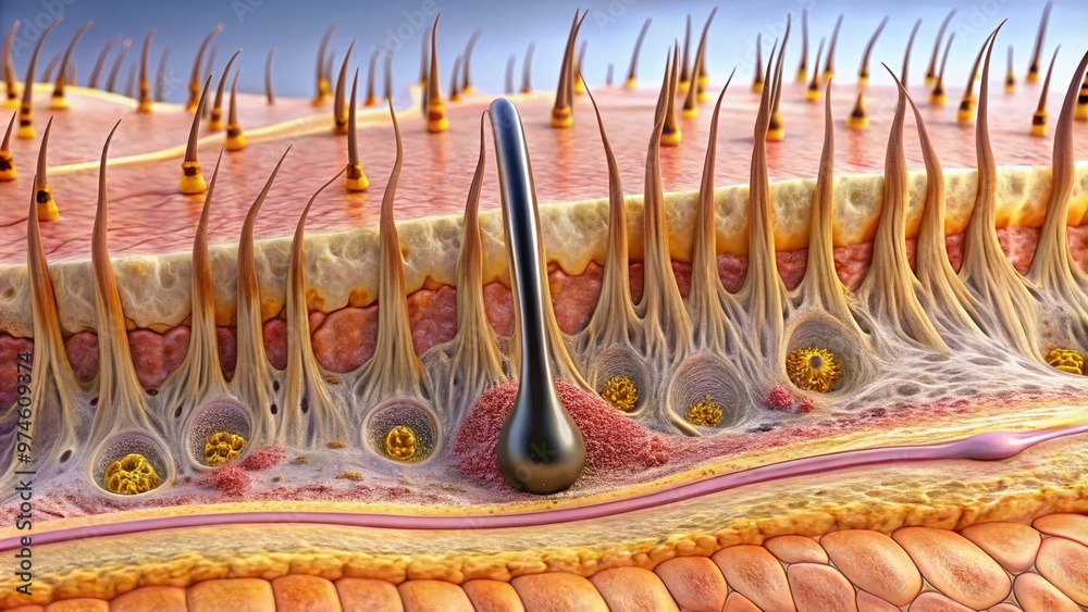 Microscopic view of a healthy hair follicle, showcasing a single hair ...