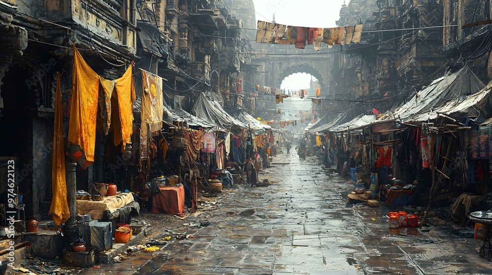 Old slum market with makeshift tents and stalls lined up along the ...
