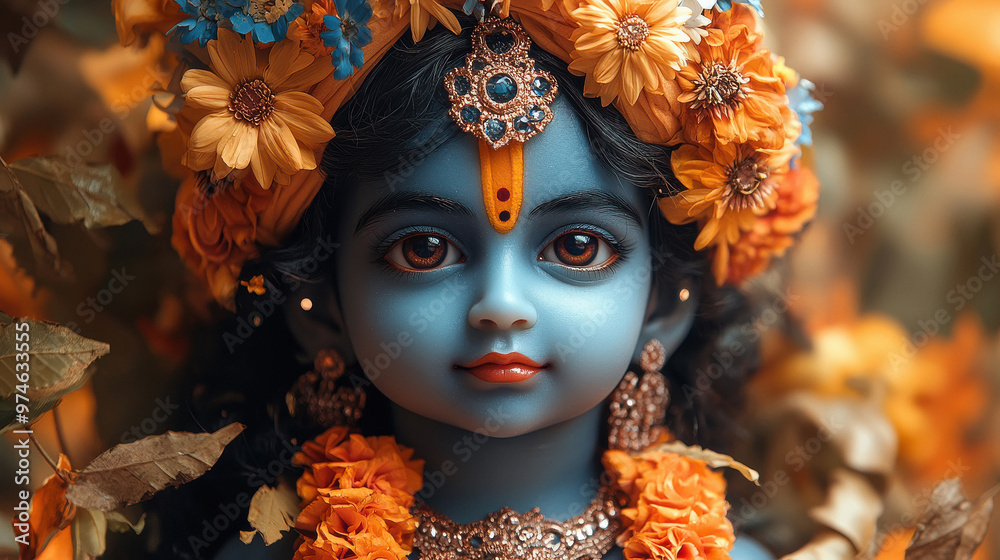 Cute little baby Krishna with blue skin on light background. Birthday ...