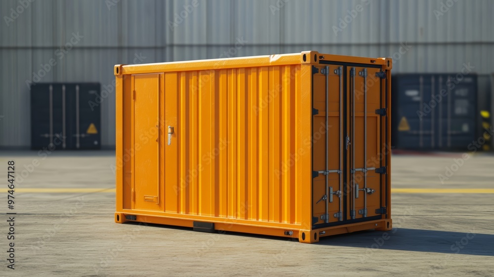 Bright orange shipping container positioned on a loading dock, ideal ...