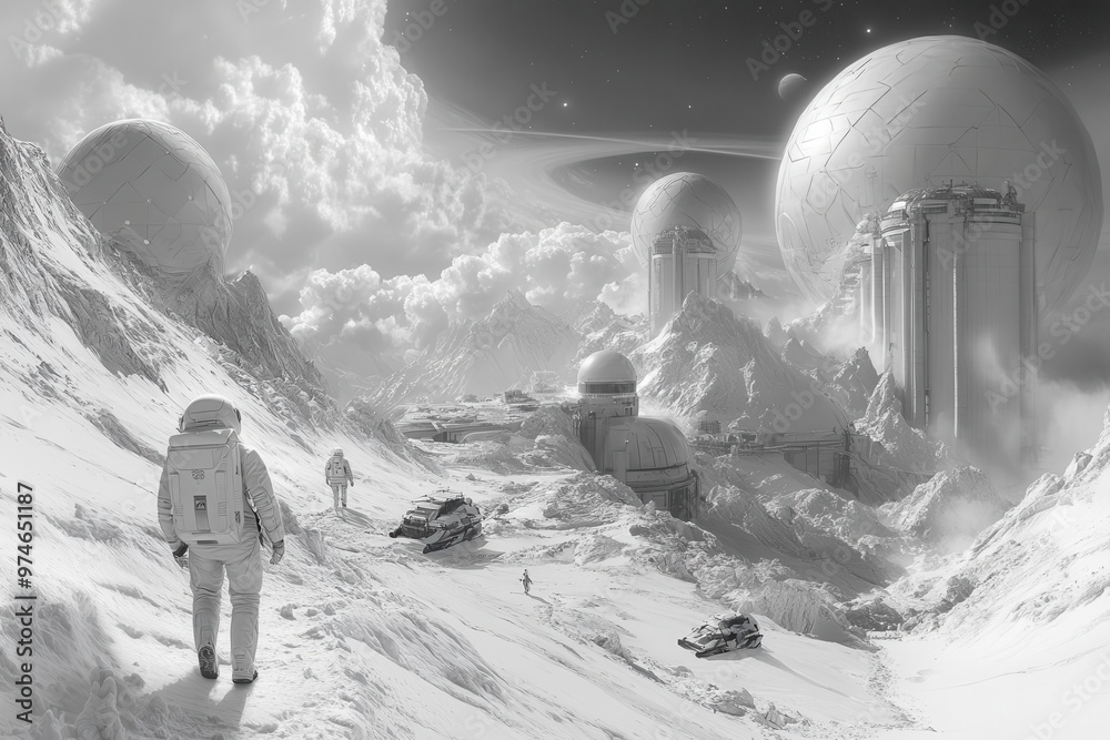 futuristic space colony on a distant planet with geodesic domes ...