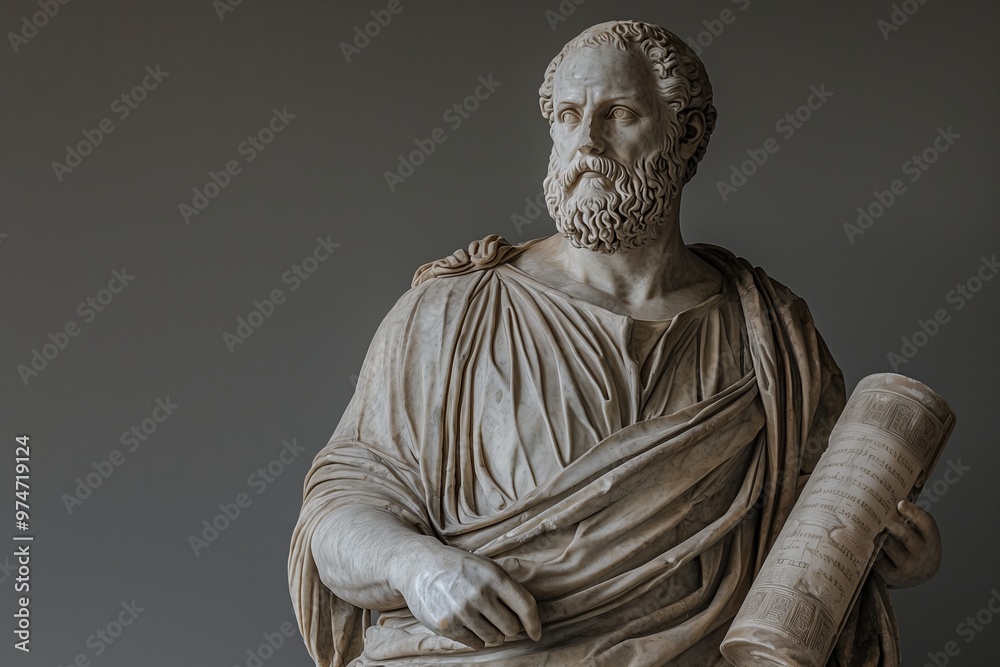 Statue of ancient Greek philosopher wearing toga, holding scrolls, gray ...