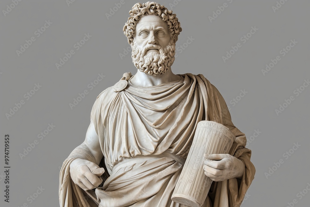 Statue of ancient Greek philosopher wearing toga, holding scrolls, gray ...