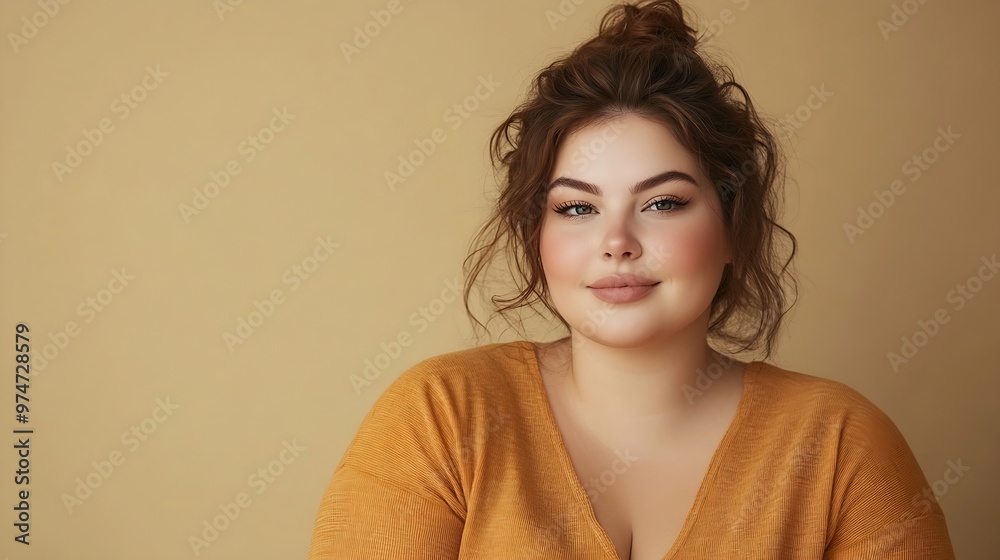 Plus size fashion model in casual clothes fat woman on beige studio ...