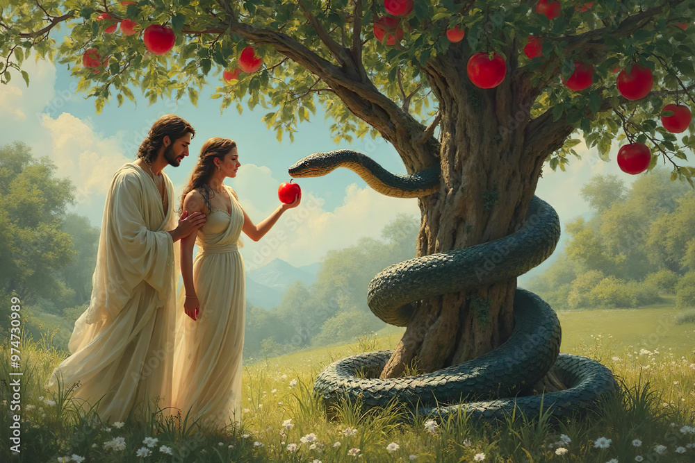 lapse from virtue. Adam and Eve in Garden of Eden. Eva giving Adam red ...