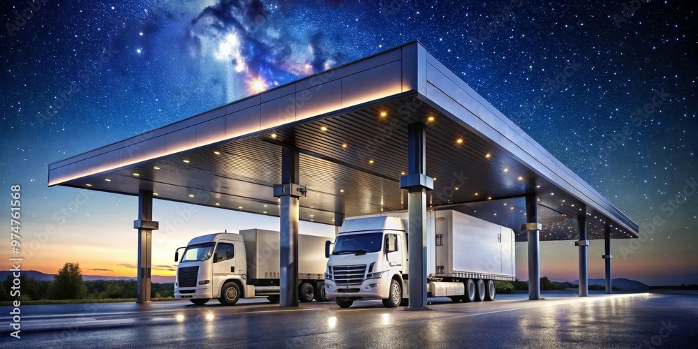 Nighttime Truck Stop Under a Starry Sky, 3D Render, Semi Truck ...