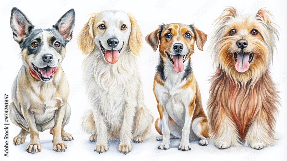 Whimsical pencil sketches of dogs in various breeds and playful poses ...