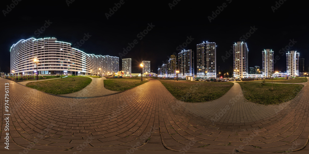 night panorama 360 near skyscraper multistory buildings with ...