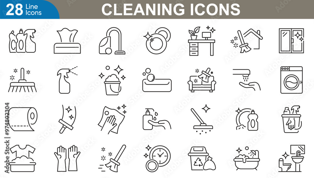 Cleaning icons set. Broom, mop, sponge, bottle, bucket, dustpan, brush ...