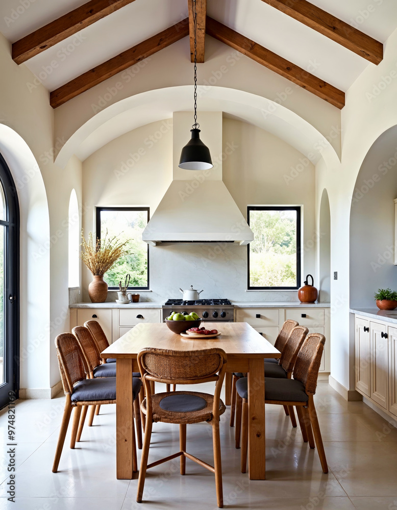 Bright modern kitchen dining room interior wood beams vaulted ceiling ...