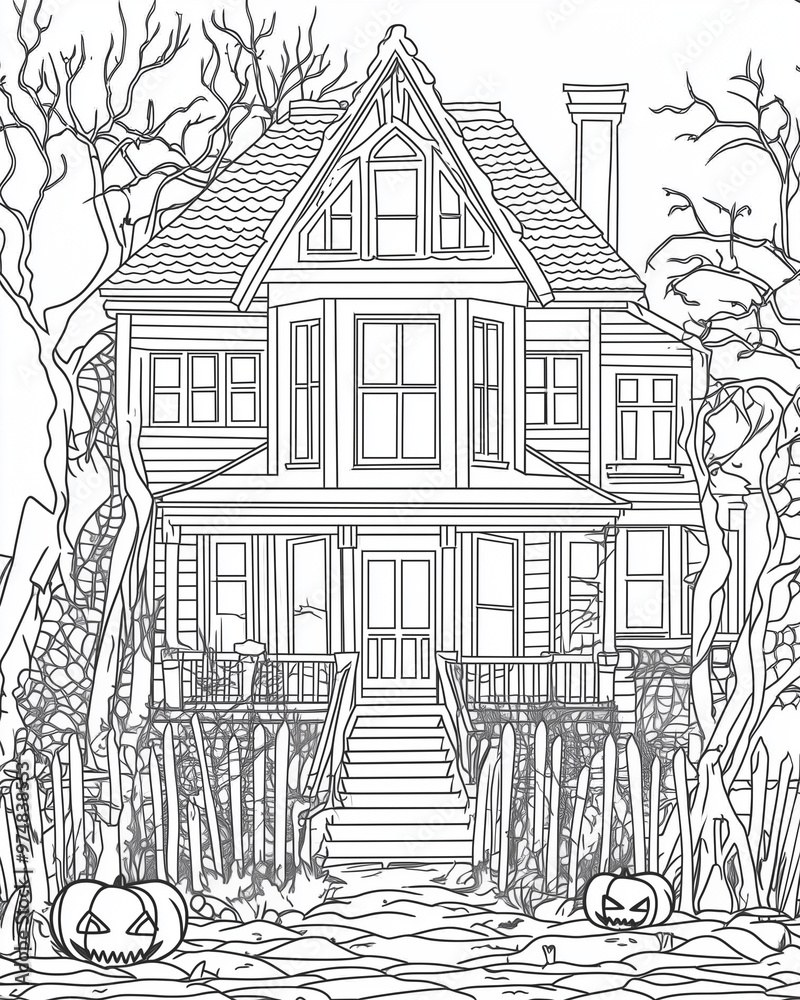 Halloween Coloring Page: Spooky and Fun Haunted House with Bats - Clean ...