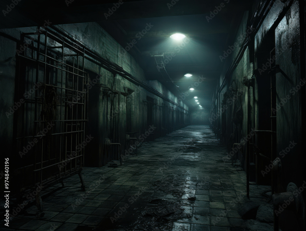 Eerie Prison Corridor: A long, dimly lit corridor in a decaying prison ...