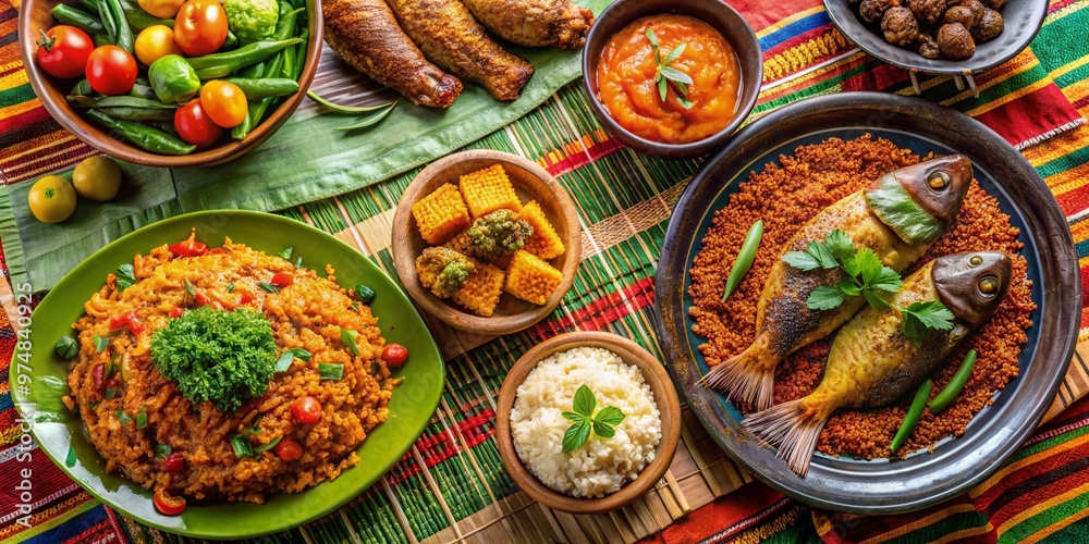 Colorful arrangement of traditional Ghanaian dishes including jollof ...