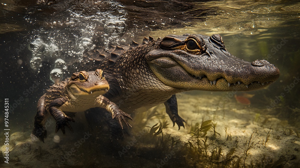 Mother Alligator Swimming with Her Baby in Crystal Clear Water with Air ...