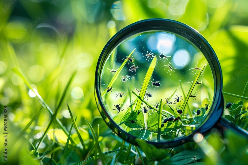 Ticks in green grass under magnifying glass, concept of parasite ...