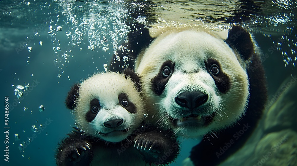 Mother Panda Swimming with Her Cub in Crystal Clear Water with Air ...