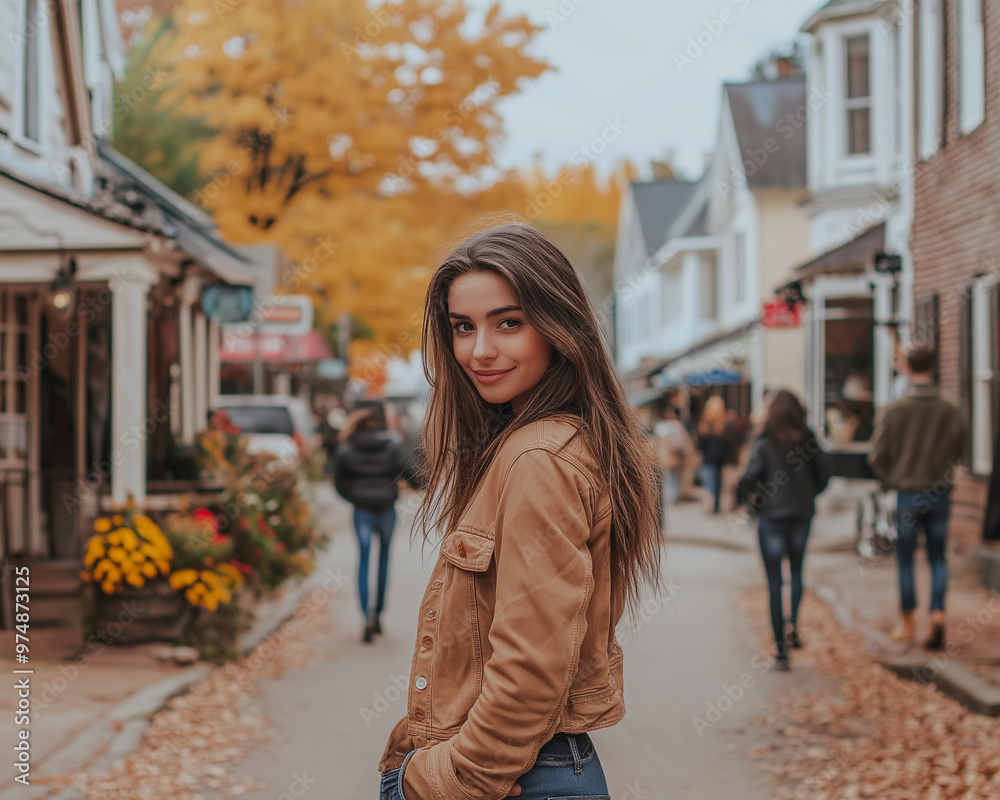 autumn street scene in small town street with people walking around ...
