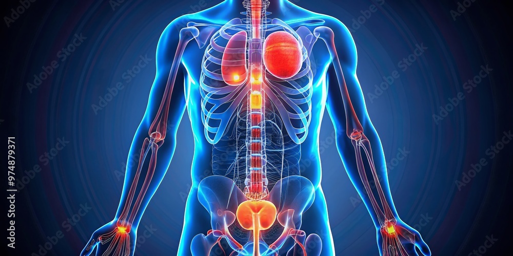 Illuminated 3D illustration of the human urinary system, featuring ...