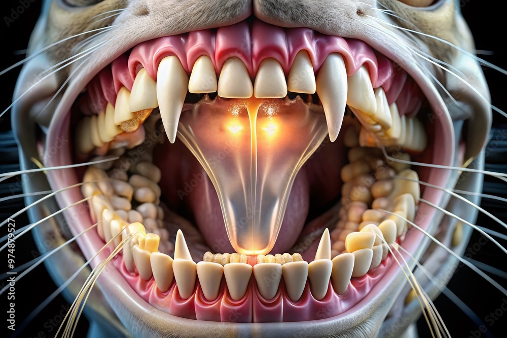 Illuminated dental chart displays anatomically correct cat teeth, gums ...