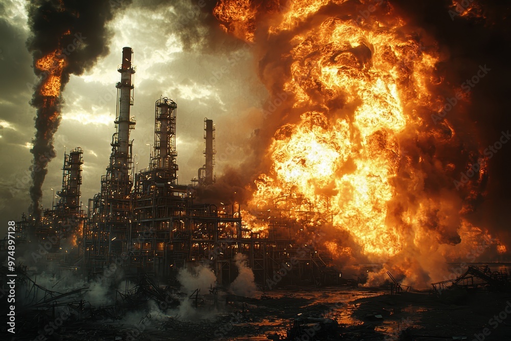 A modern oil refinery ablaze after being hit by a missile, with ...