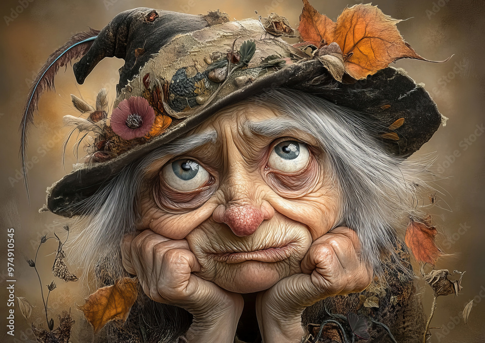 Whimsical portrait of a sad elderly witch with a wrinkled face, wearing ...