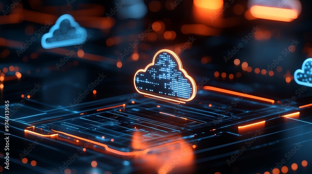 AI weather prediction, digital cloud modeling, glowing holographic ...