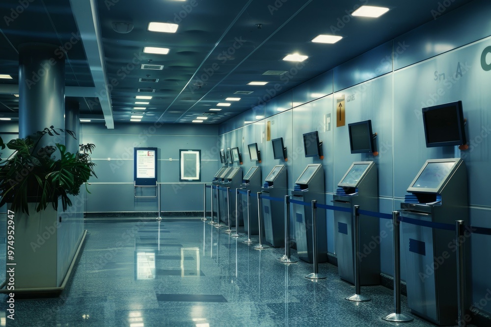 Row of empty check in counters with computers showing blue screens in ...