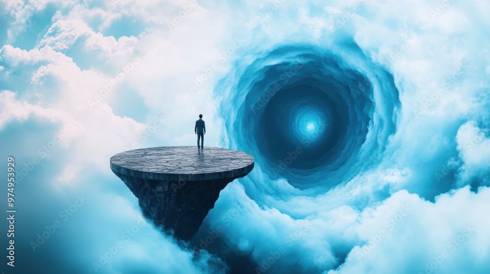 A figure standing on a platform suspended over a swirling, bottomless ...