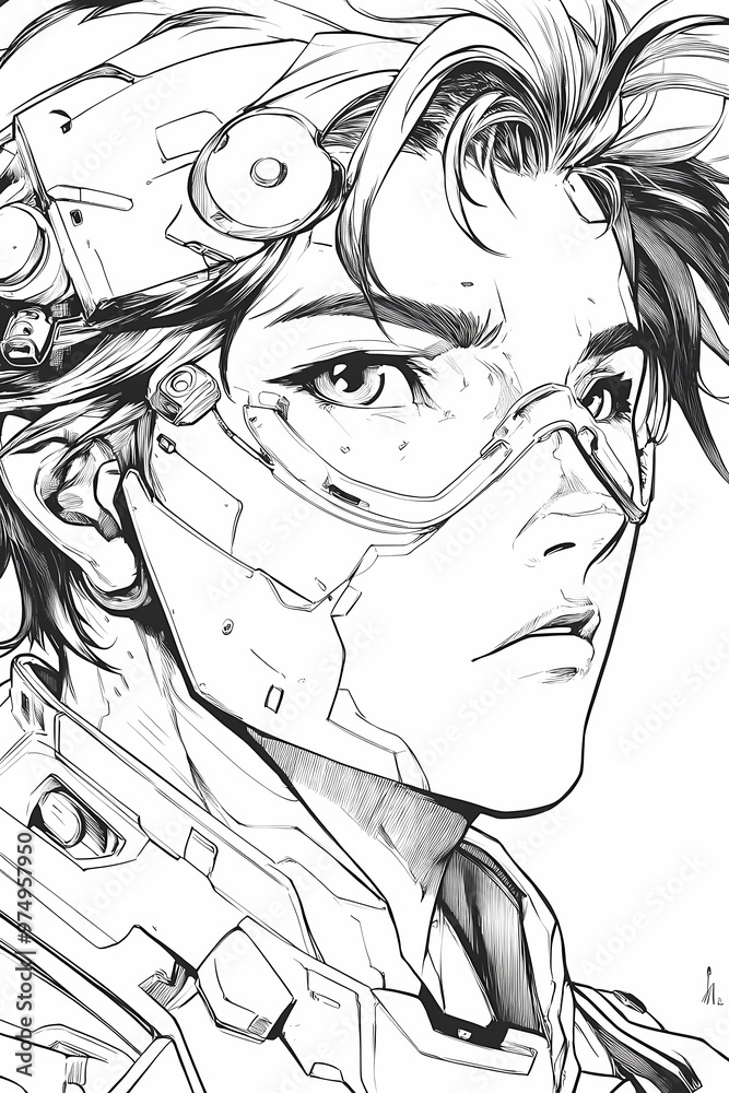 simple cyberpunk anime boy coloring book thick outlines illustration ...
