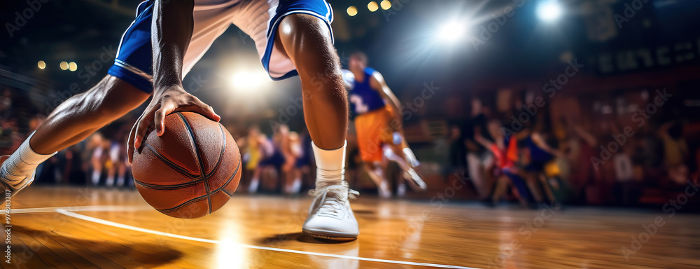 Close-up of a basketball player's legs and the ball, with a stadium ...