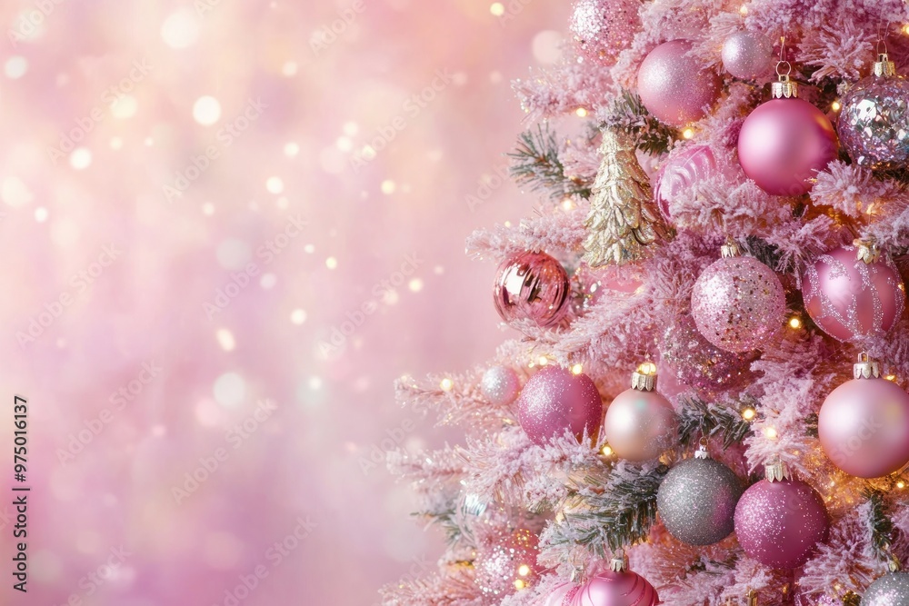 Shimmering Pink Christmas Tree with Ornaments and Soft Glowing Lights ...