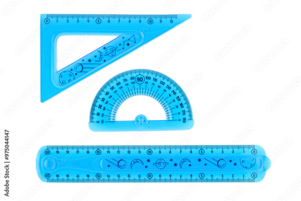 flexible, bendable, ruler and drawing protractor, blue triangle ...