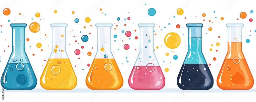 Colorful clip art of beakers and test tubes with vibrant liquid and ...
