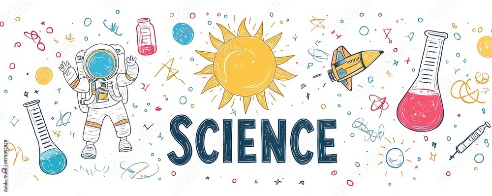 Colorful science concept illustration with bold lettering and cartoon ...