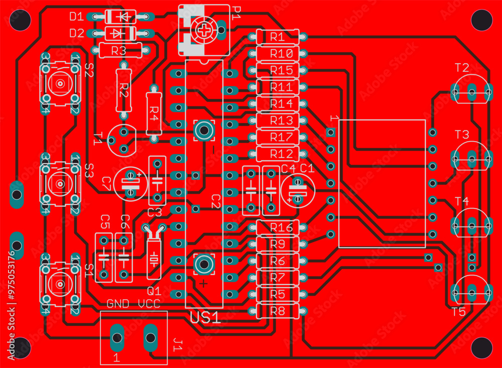 Vector printed circuit board of electronic device with components of ...