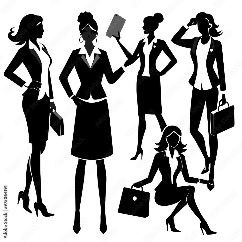 Silhouette art features businesswomen in multiple poses representing ...