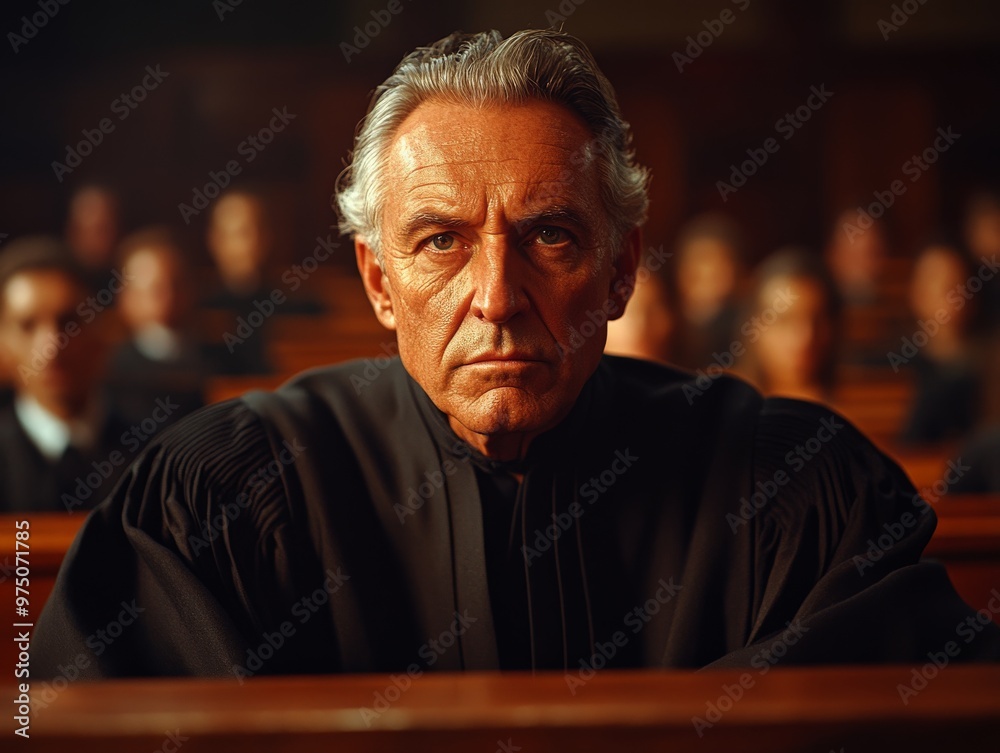 This resolute judge is captured in a formal courtroom setting, exuding ...
