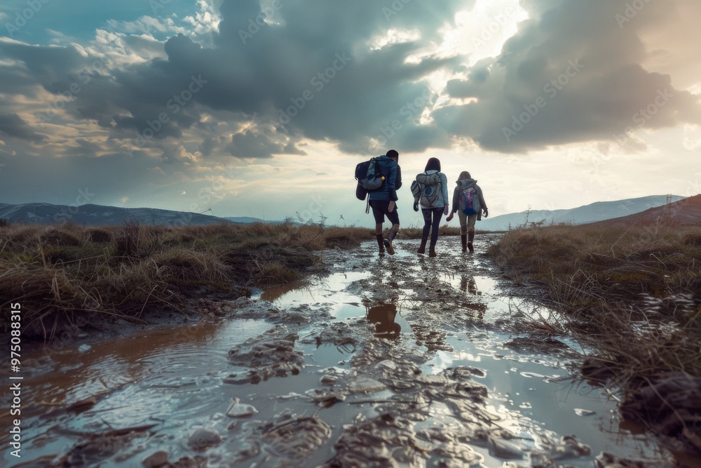 Three hikers traverse a muddy, puddle-laden path under an expansive ...
