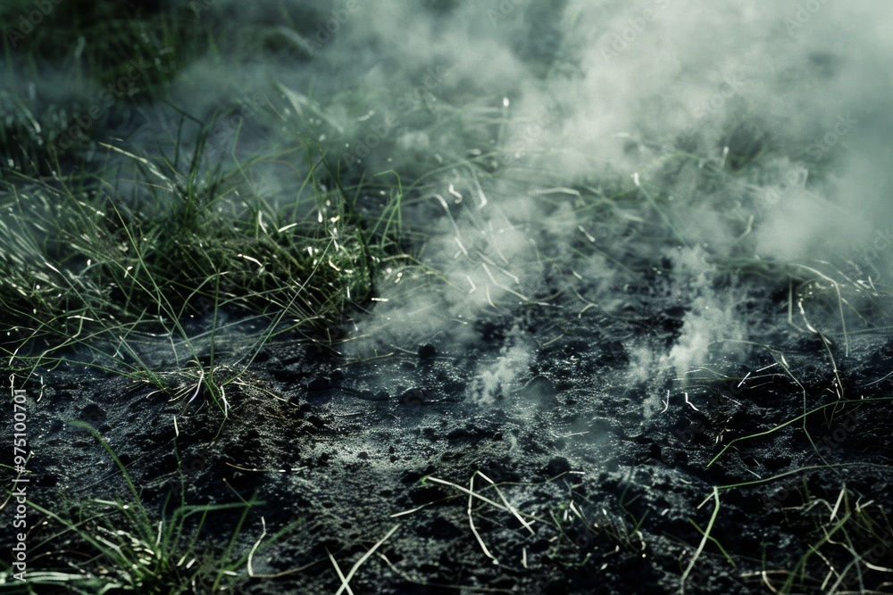 Steam rises from moist ground covered with greenery, creating a ...