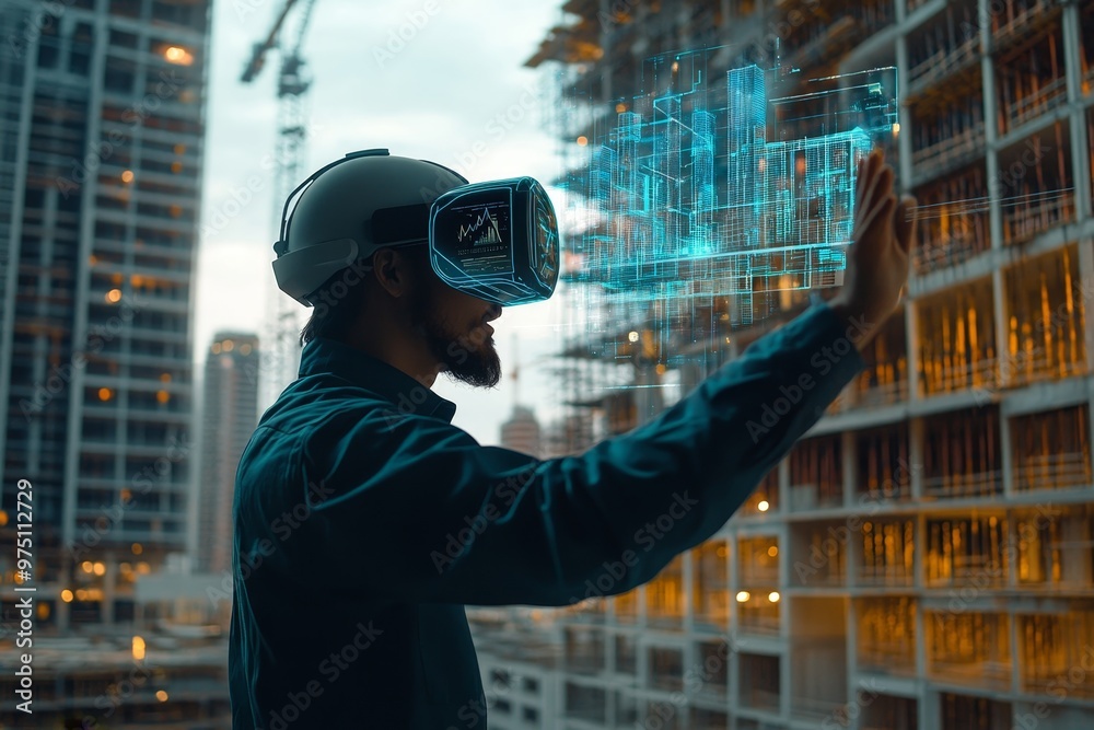 Futuristic architect using ar headset to design 3d building models at busy construction site ...