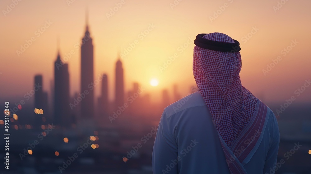 Saudi man looking to skylines back view Stock Photo | Adobe Stock