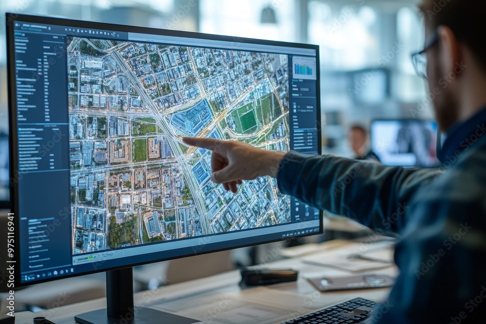 Engineer engaged with urban blueprints and digital models in modern ...