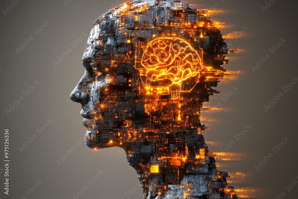 Brain chip interface cybernetic cognition neural pathways digital brain and brain fusion male ...