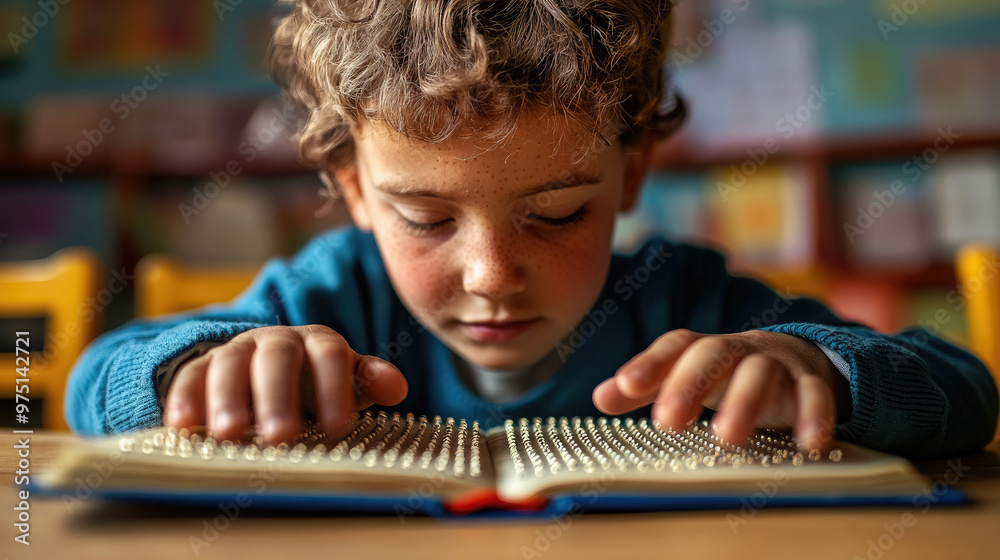 blind child running fingers across braille book page with school ...