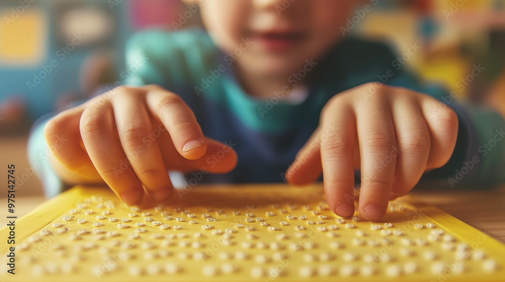 blind child running fingers across braille book page with school ...