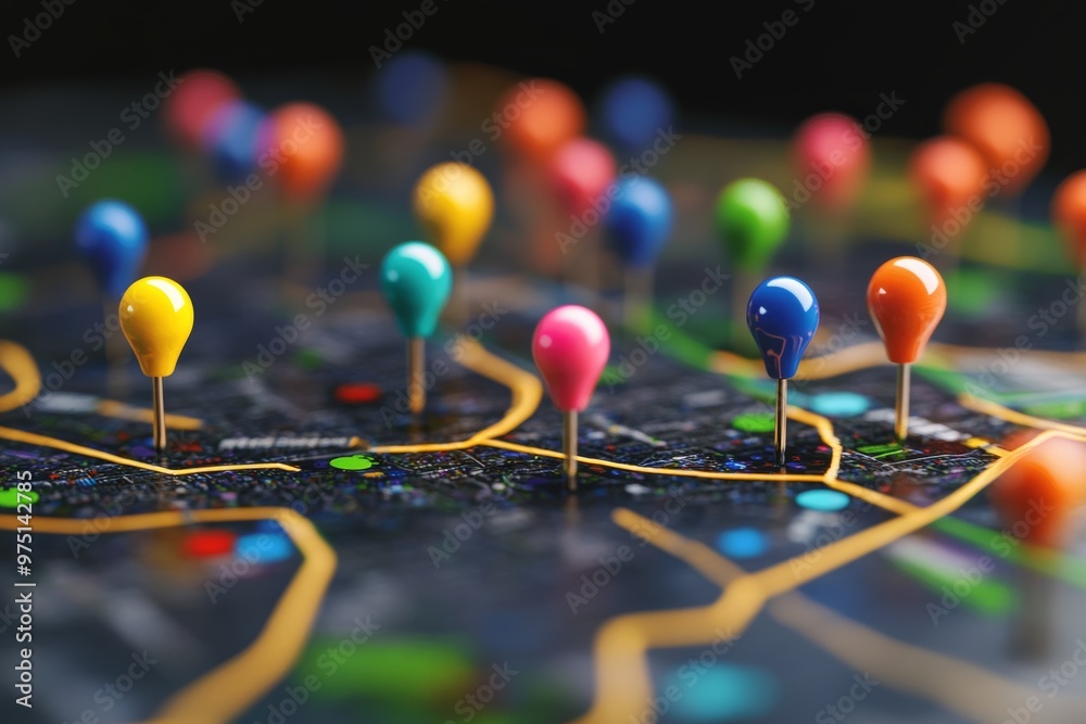 Colorful 3d map showcasing customer journey with location pins on a ...
